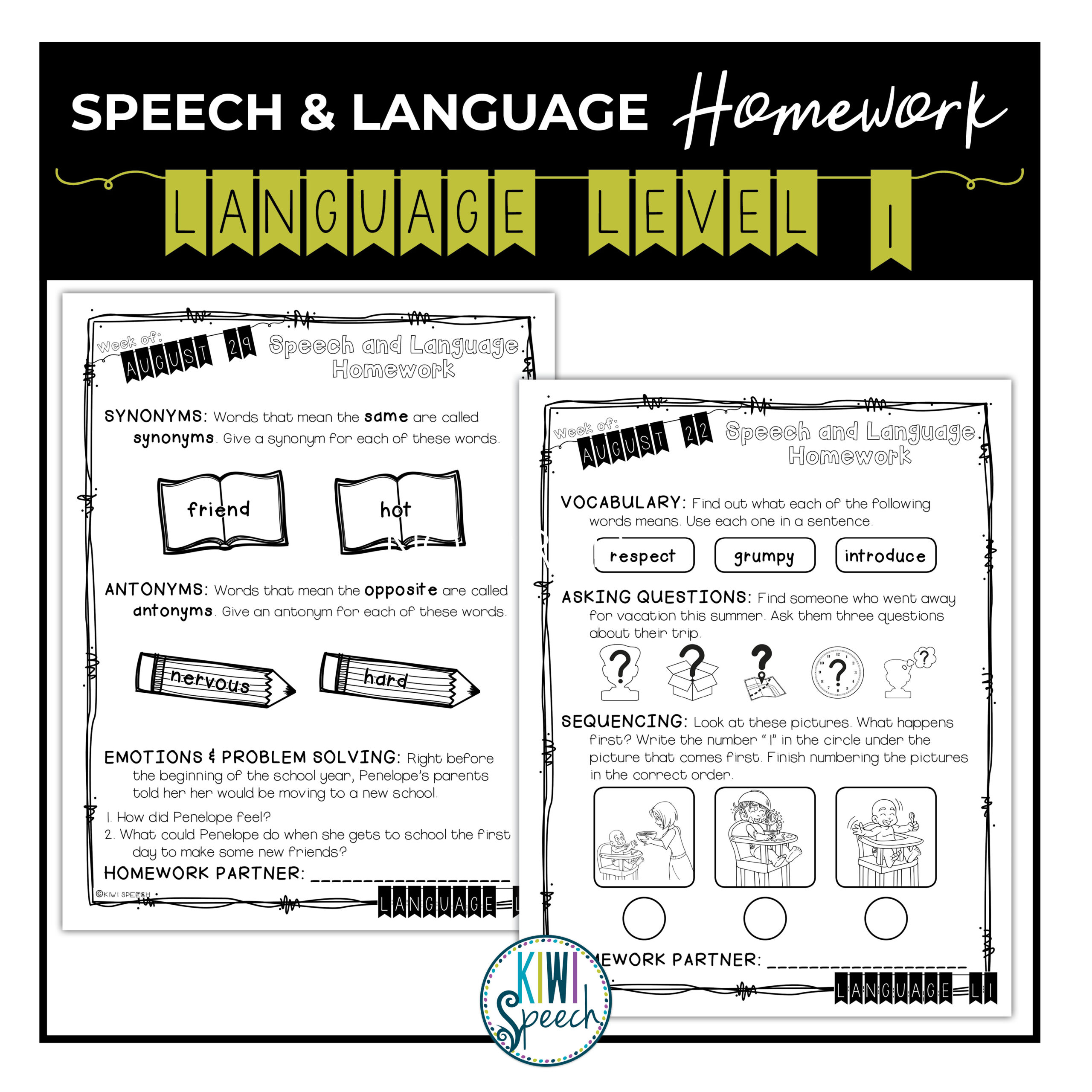 Language Homework for Speech Therapy for the Whole Year - Elementary ...