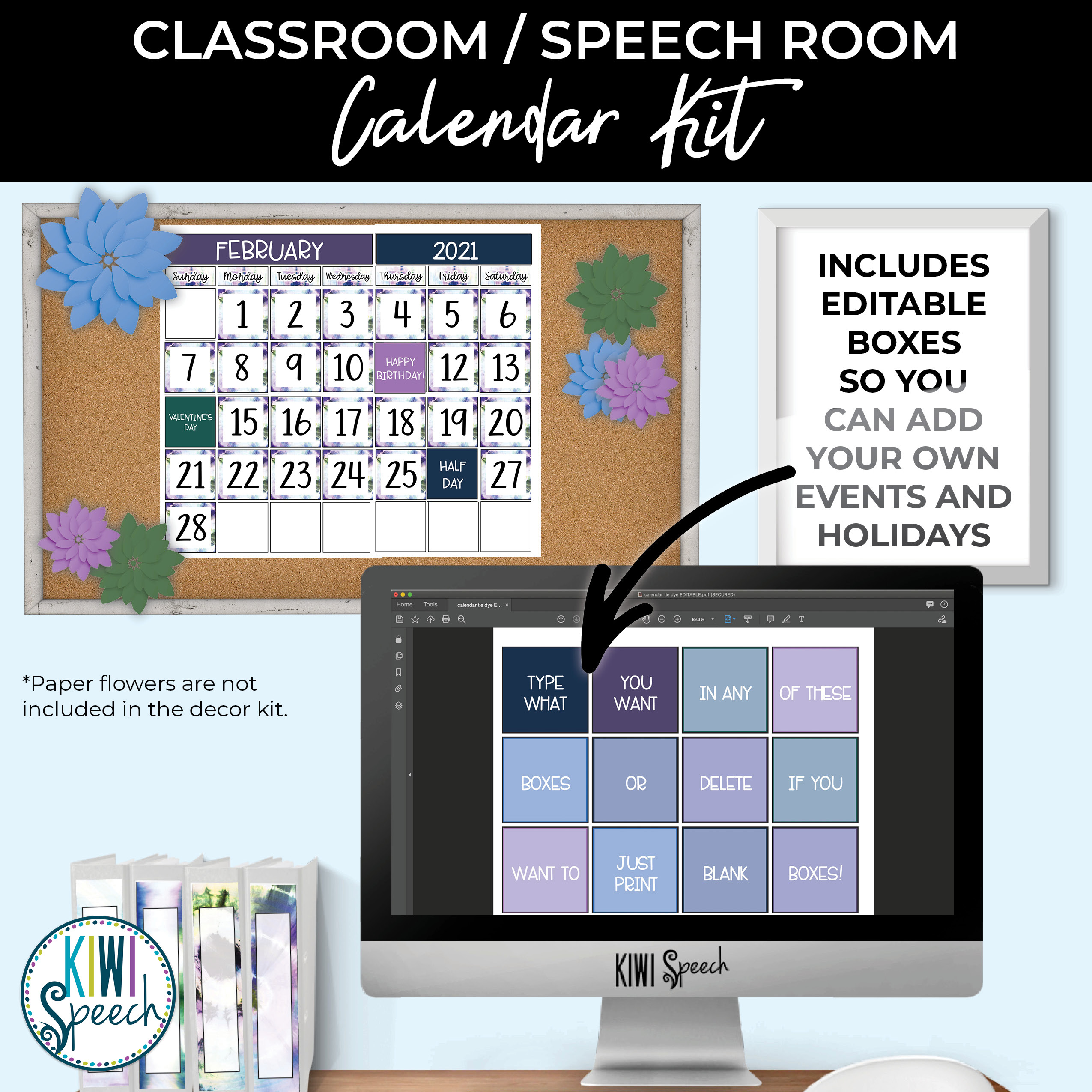 Editable Classroom Calendar Kit for Speech Therapy Room Decor - Tie Dye ...