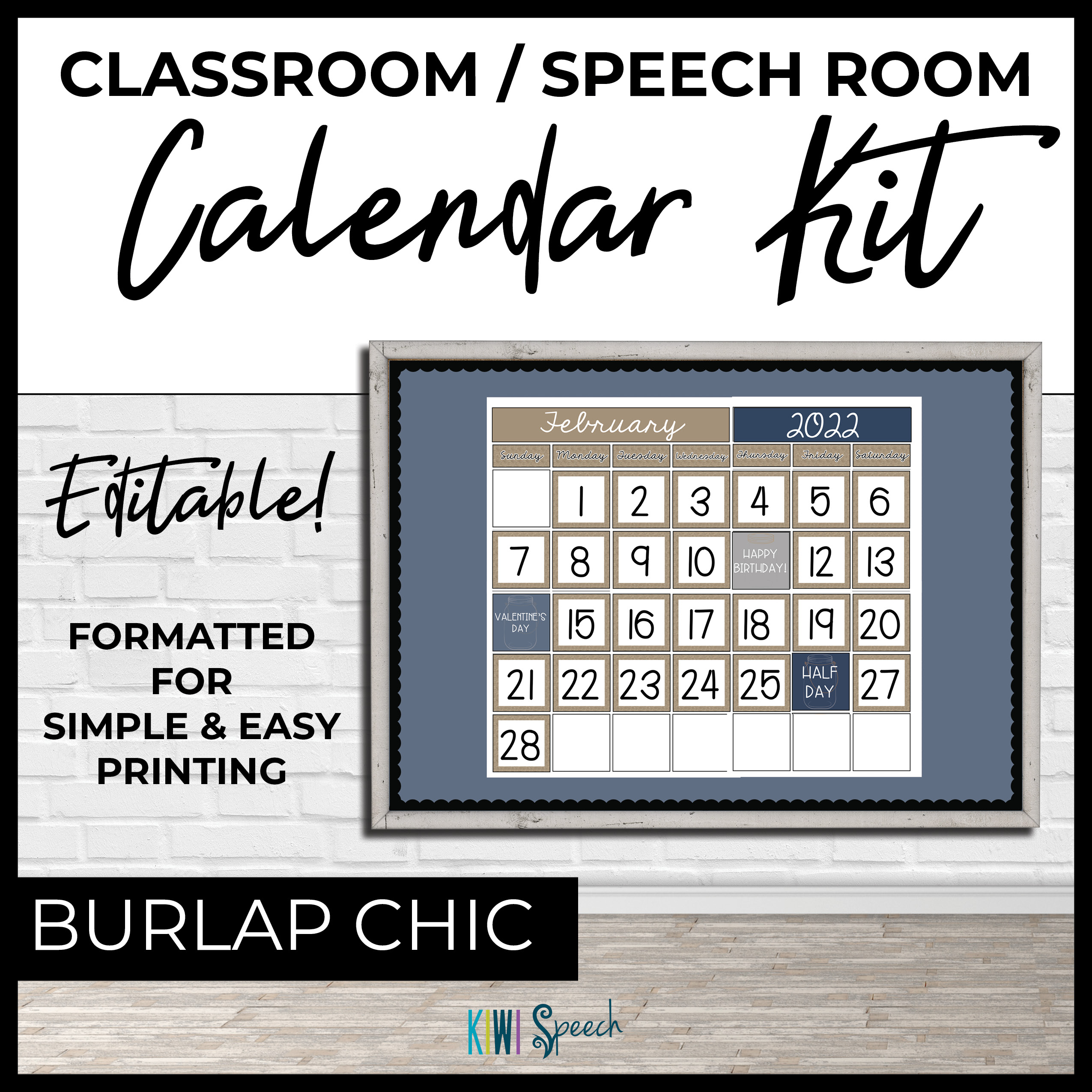 Editable Classroom Calendar Kit for Speech Therapy Room Decor - Burlap ...